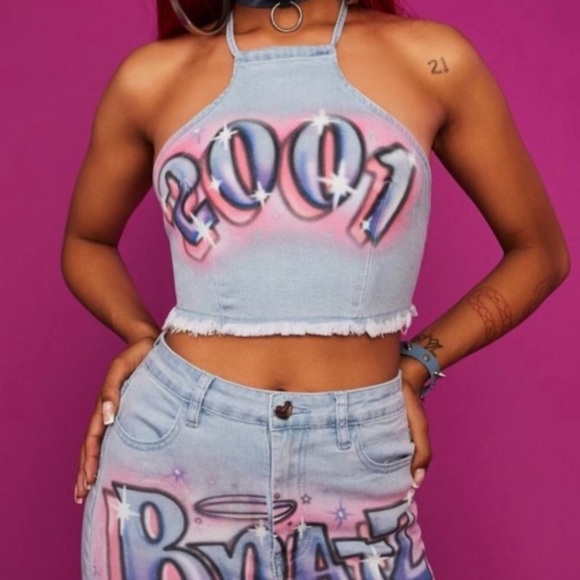 I.AM.GIA | Tops | Sale Rare Bratz Denim Graffiti Airbrushed Halter Top ...